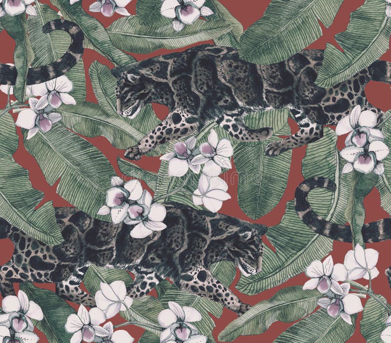 Tropical Pattern with Clouded Leopard and Tropical Flowers. Seamless ...