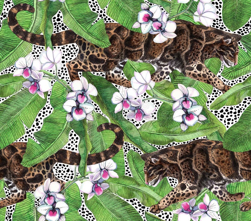 Tropical Pattern with Clouded Leopard and Tropical Flowers. Seamless ...