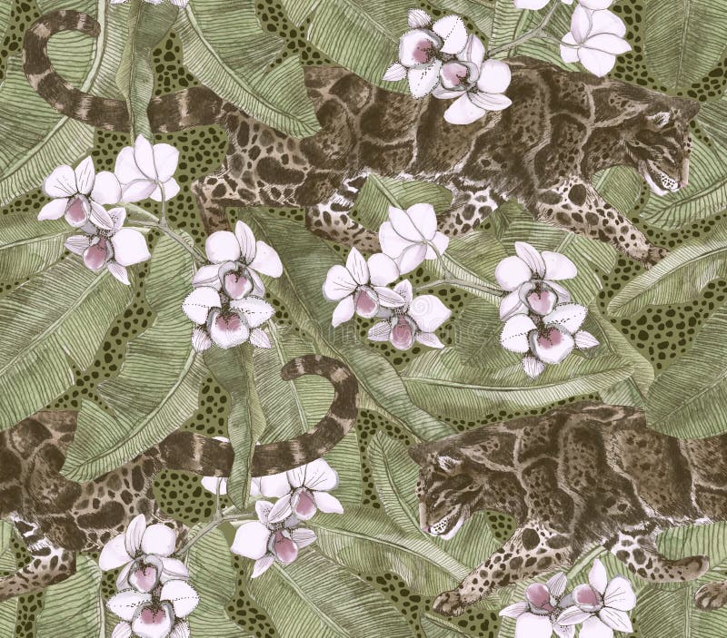 Tropical Pattern with Clouded Leopard and Tropical Flowers. Seamless ...