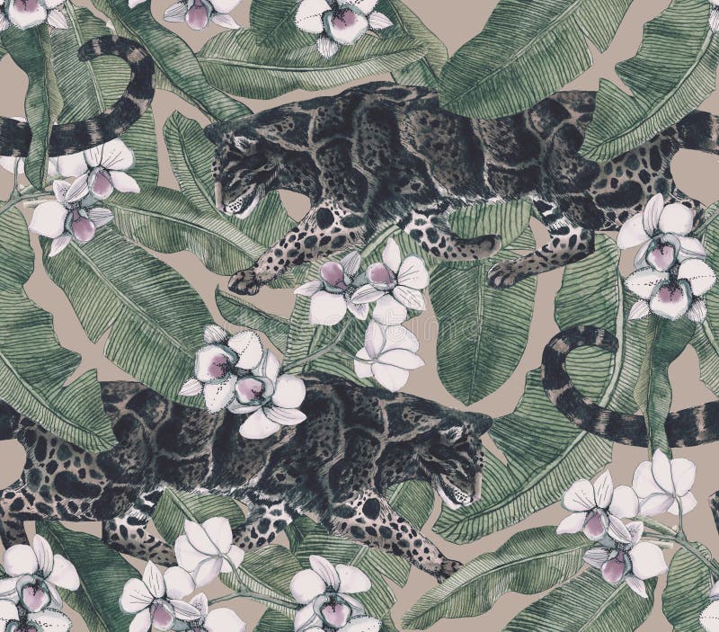 Tropical Pattern with Clouded Leopard and Tropical Flowers. Seamless ...