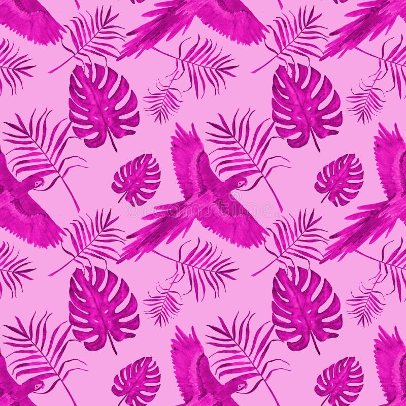 Tropical Pattern Parrot Leaves Monstera and Palm Pink Stock ...