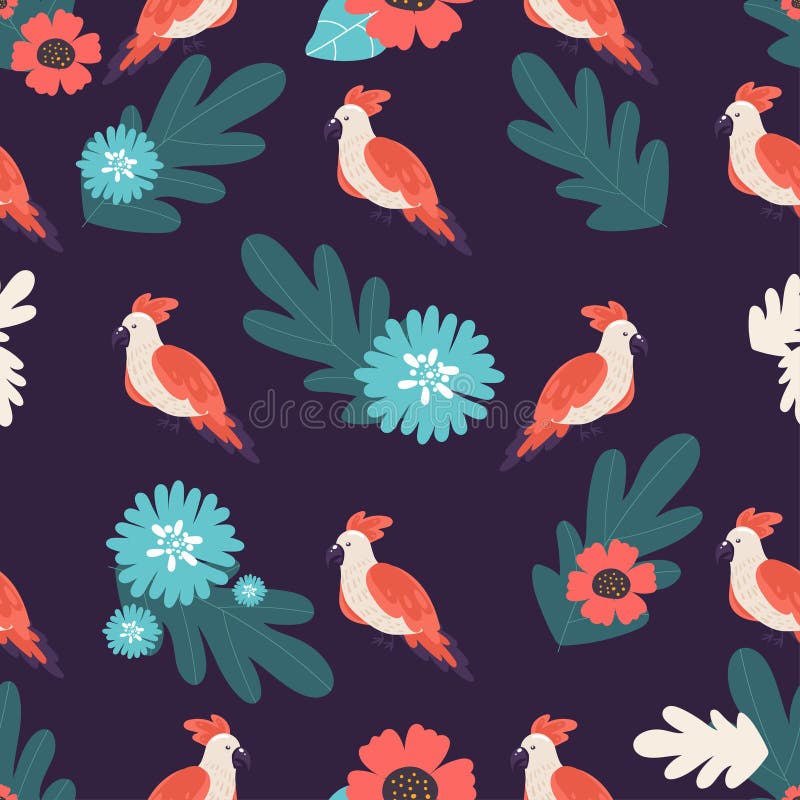 Tropical Pattern with Parrots and Tropical Leaves. Vector Seamless ...