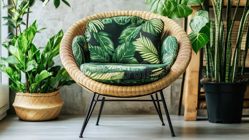 Tropical Patterned Chair in Plant-filled Room, Interior Design Stock ...