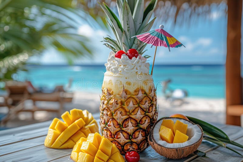 Tropical Pineapple Cocktail, Cream, Cherries, Decorative Umbrella ...