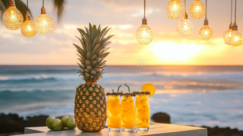 Tropical Pineapple Cocktails at Sunset Beach Stock Illustration ...