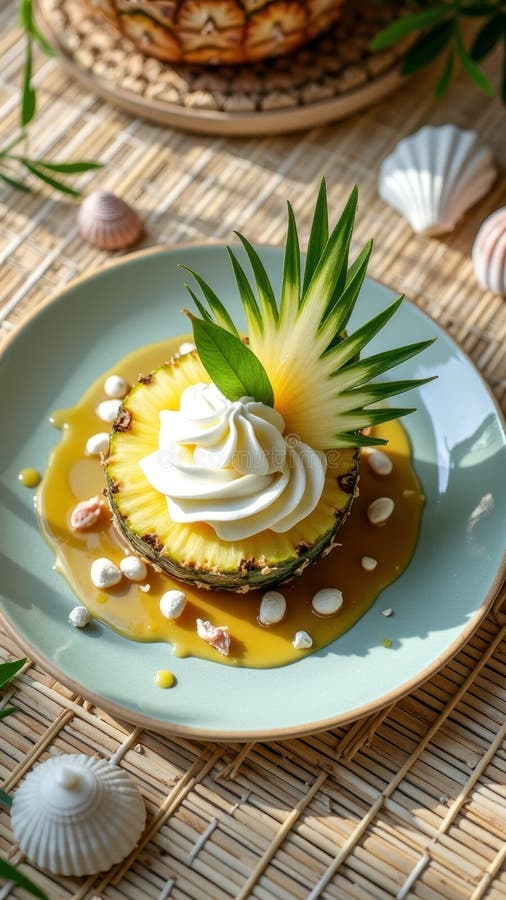 Tropical Pineapple Dessert with Whipped Cream Garnish on Bamboo Mat ...