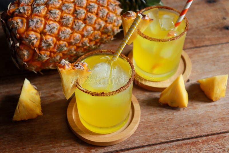 Tropical Pineapple Mocktail on Wooden Coasters Stock Image - Image of ...