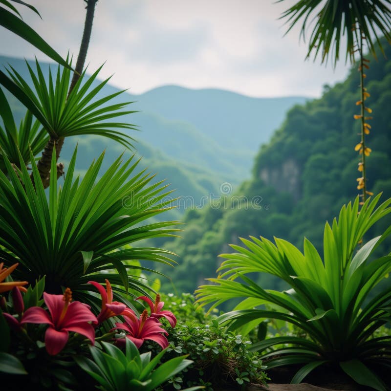 Tropical Plants Adorn Backdrop Setting Stock Illustration ...