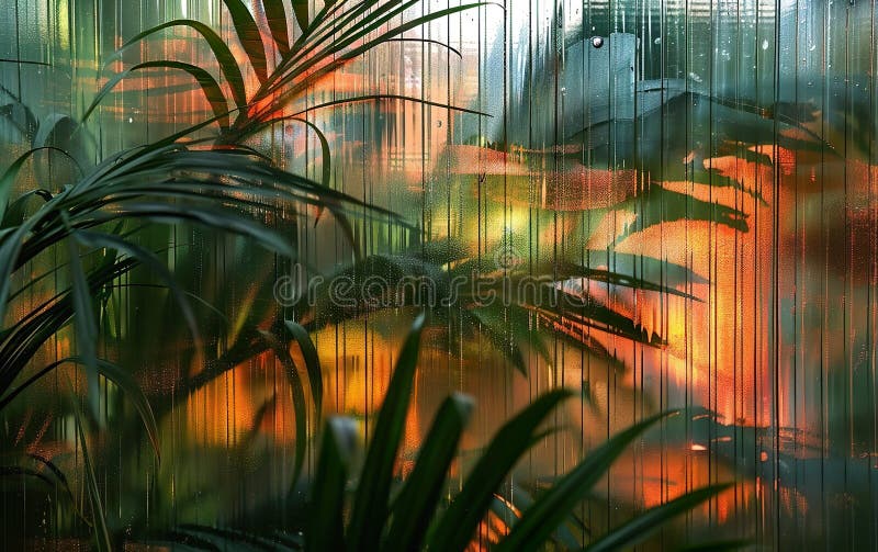 Tropical Plants Behind Reeded Glass Visual Effect Texture with Sunset ...