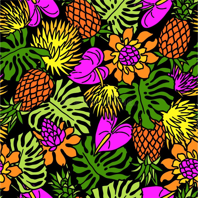 Tropical plants pattern stock vector. Illustration of black - 43327559
