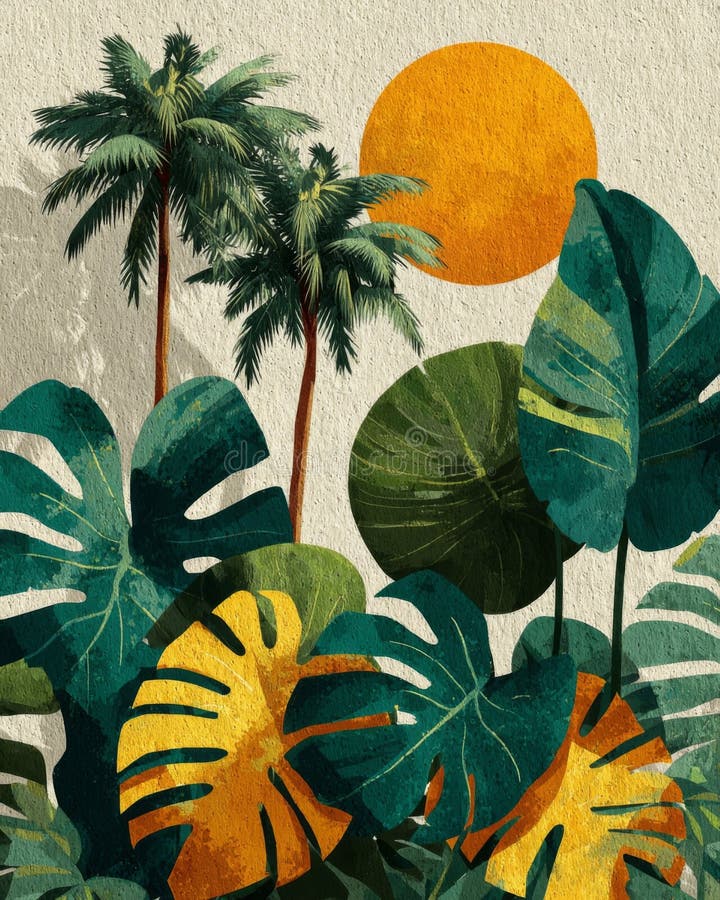 Tropical Plants and Sunlit Summer Artwork Stock Illustration ...