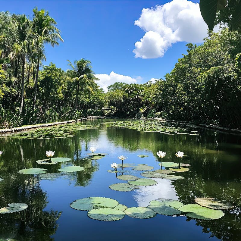 Tropical Pond with Water Lilies Stock Image - Image of flowers ...