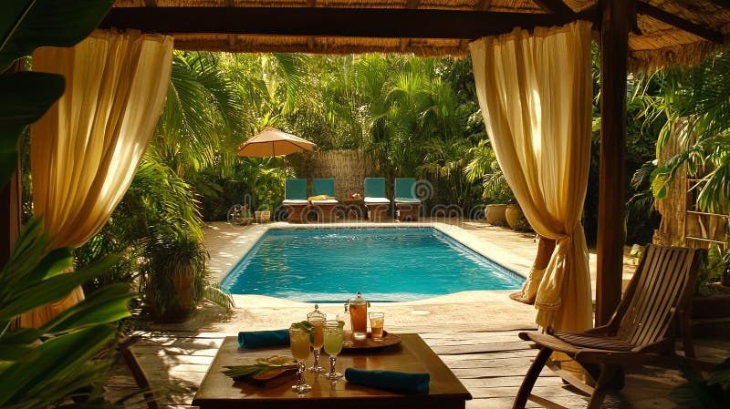 A Tropical Poolside Cabana with Curtains and a Table Set with Fresh ...