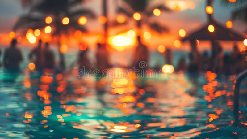 Tropical Poolside Party at Sunset with Blurred Lights and Silhouetted ...