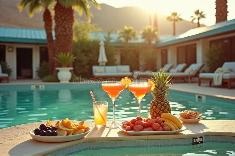 Tropical Poolside Refreshments at Sunset with Fruit and Drinks Stock ...