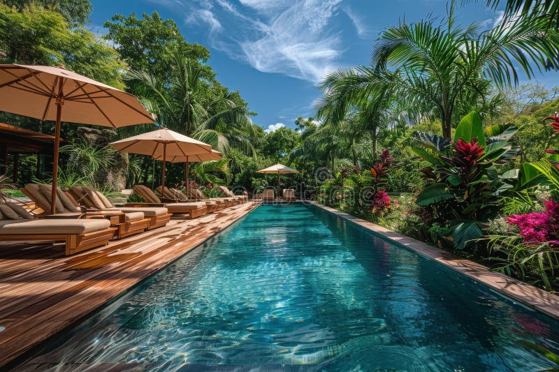 Tropical Poolside Relaxation with Lounge Chairs and Umbrellas Stock ...