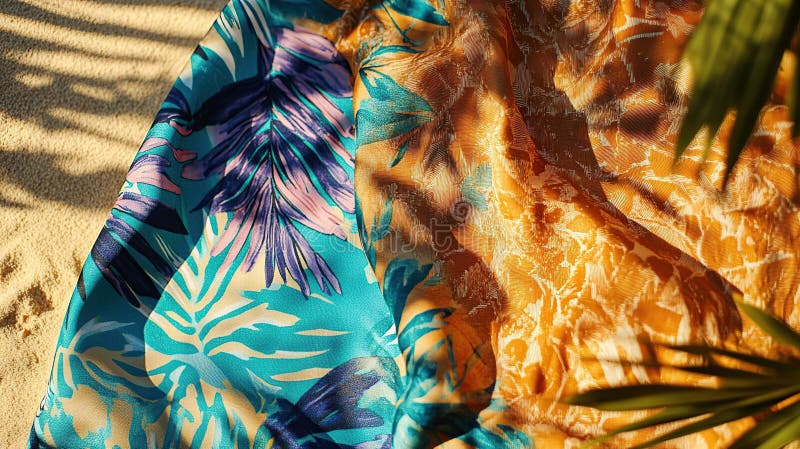 Tropical Print Fabric on Sunny Beach Sand Stock Illustration ...