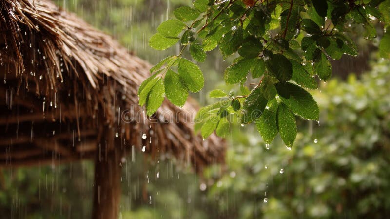 Tropical Rain on Leafy Branches and Thatched Hut in Lush Greenery Stock ...