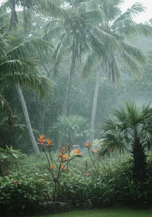 Tropical Rain Storm Lush Greenery Palm Trees Stock Image - Image of ...