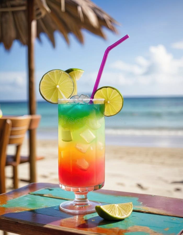Tropical Rainbow Cocktail on Beach Table. Stock Illustration ...