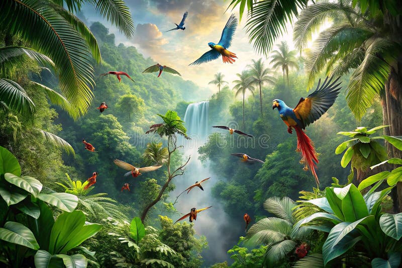 Tropical Rainforest Birds Waterfall Scene Stock Illustration ...