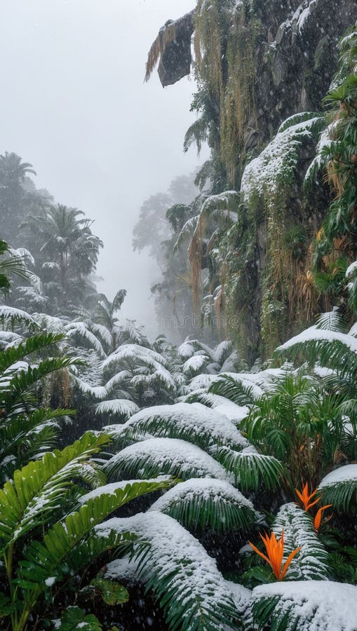 Tropical Rainforest Blizzard Covering Greenery with Snow Stock ...