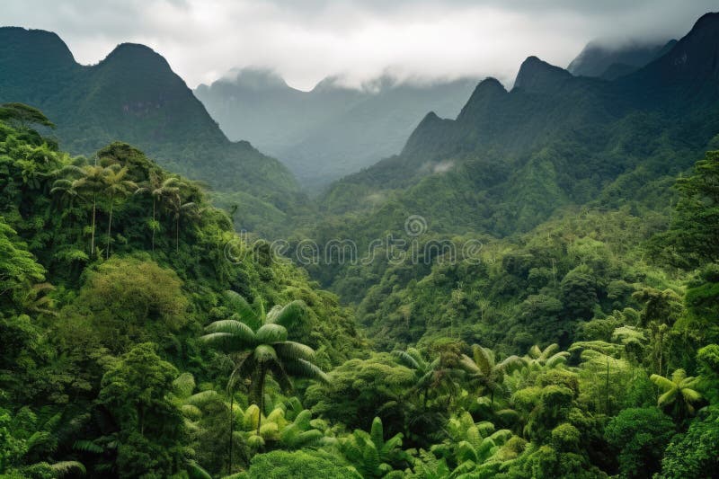 Tropical Rainforest Growth Surrounds Mountain. Generated AI Stock ...