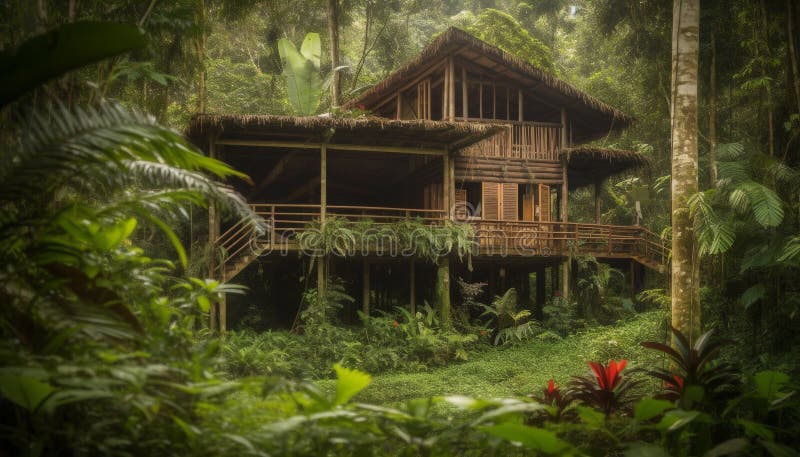 Tropical Rainforest Hut Built with Old Wood and Palm Tree Generated by ...