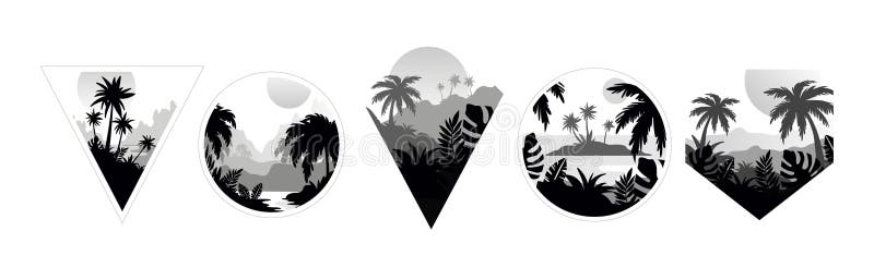 Tropical Rainforest Landscape with Palm Trees in Geometric Shape Vector ...