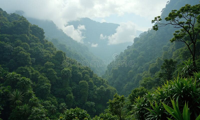 Tropical Rainforest with Morning Mist Stock Illustration - Illustration ...