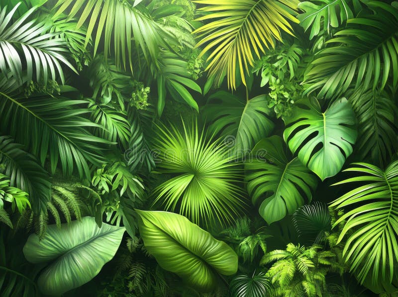 Tropical Rainforest Scene Featuring Lush Palms, Trees, and Various ...