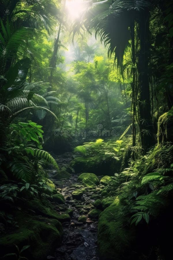 Tropical Rainforest, Tranquil Scene, Mysterious, Lush Green Forest Stock Illustration ...