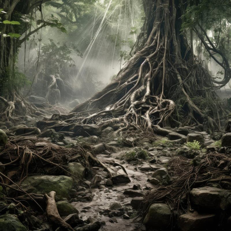 Tropical Rainforest with Tree Roots in the Jungle Stock Illustration ...