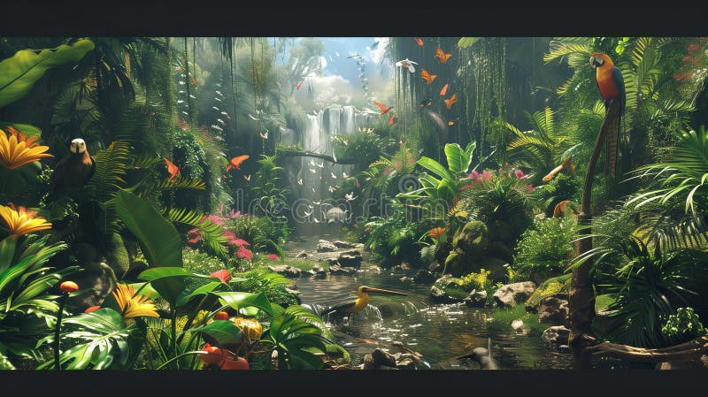 Tropical Rainforest with Waterfall, Birds Flying Stock Illustration ...