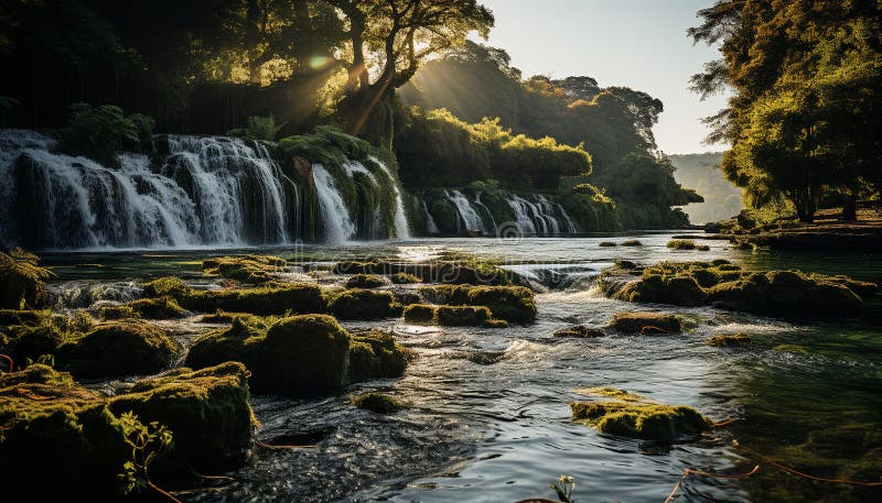 Tropical Rainforest, Waterfall, Sunset Nature Beauty in Motion Generated by AI Stock Photo ...