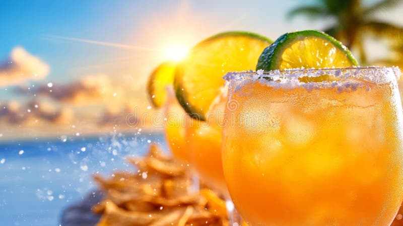 Tropical Refreshing Drinks with Lime and Salt on a Summer Beach Stock ...