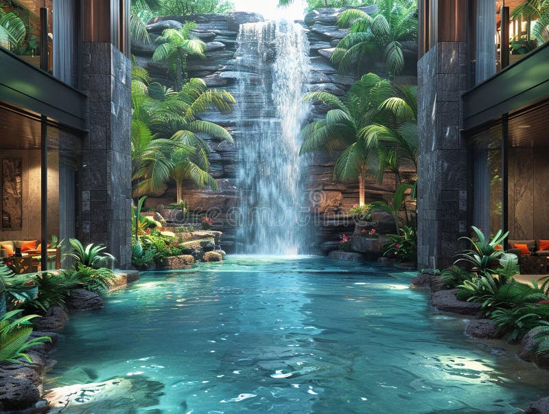 Tropical Resort Lobby with Water Features and Lush Foliage Stock Photo ...