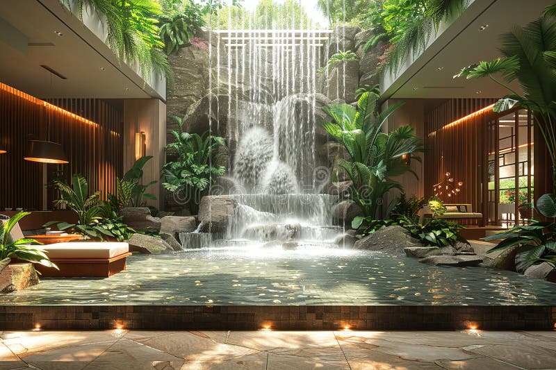 Tropical Resort Lobby with Water Features and Lush Foliage3D Render ...