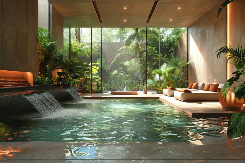 Tropical Resort Lobby with Water Features and Lush Foliage3D Render ...