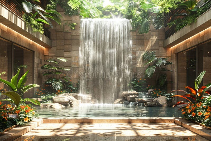 Tropical Resort Lobby with Water Features and Lush Foliage3D Render ...