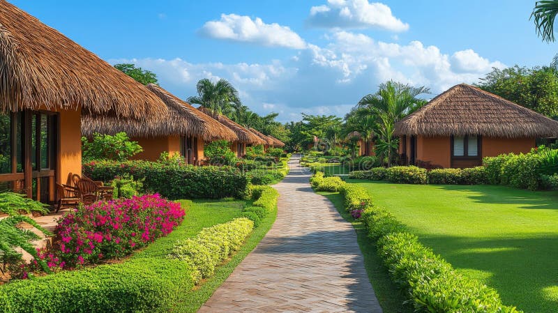 Tropical Resort Pathway with Thatched Roof Bungalows Stock Illustration ...