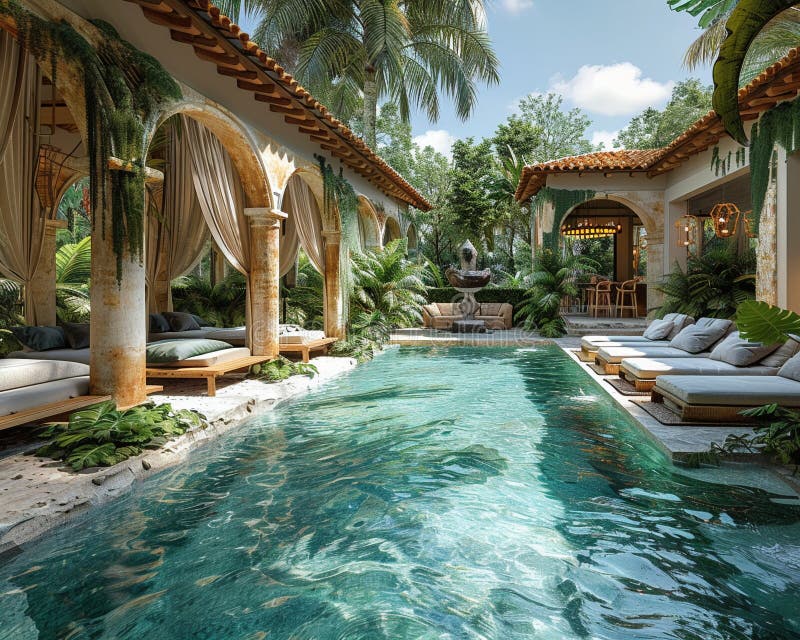 Tropical Resort Pool Area with Cabanas and a Swim-up Bar Stock Photo ...