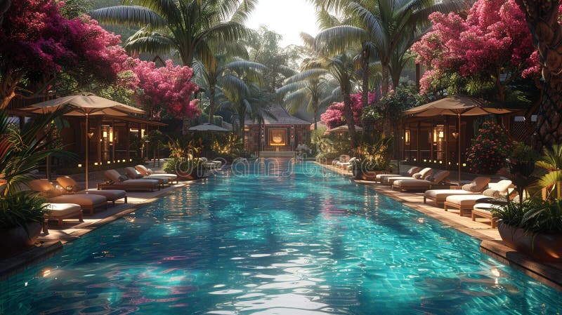 Tropical Resort Pool Area with Cabanas and a Swim-up Bar3D Render Stock ...