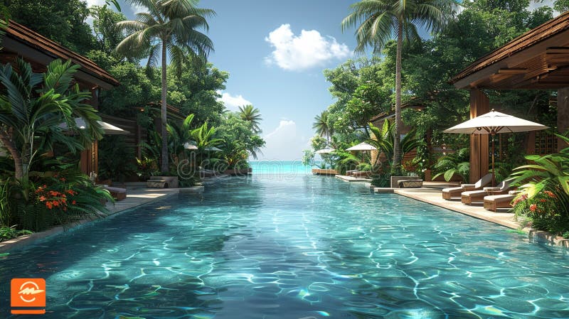 Tropical Resort Pool Area with Cabanas and a Swim-up Bar3D Render Stock ...