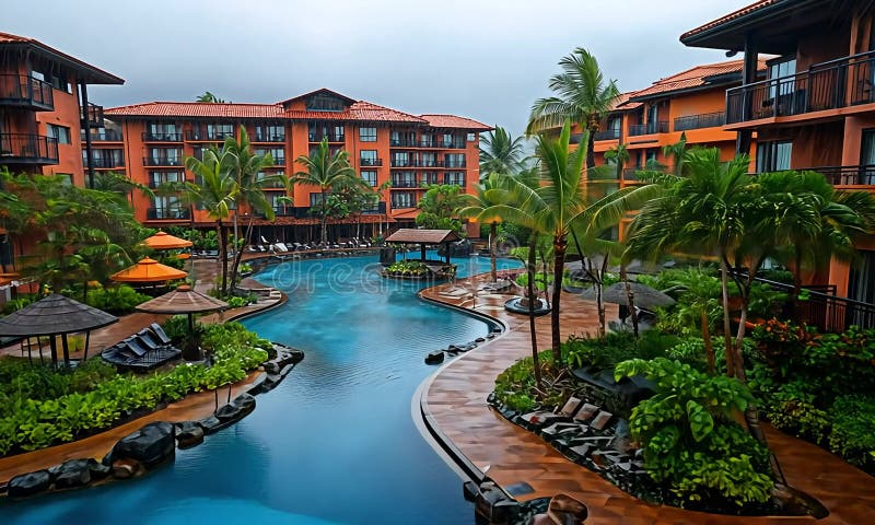 Tropical Resort Pool Complex in the Rain Stock Video - Video of luxury ...