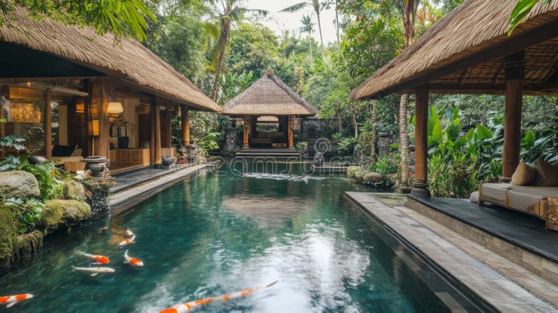Tropical Resort Pool with Koi Fish and Thatched Roof Structures Stock ...