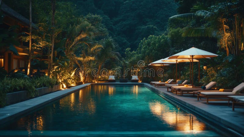 Tropical Resort Pool at Night Stock Image - Image of relaxation ...