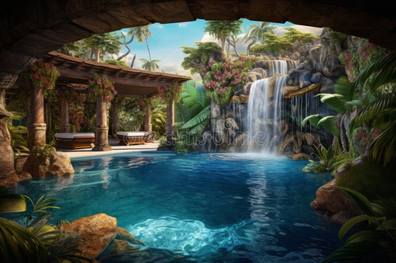 Tropical Resort with Waterfall Pool - AI Generated Stock Photo - Image ...