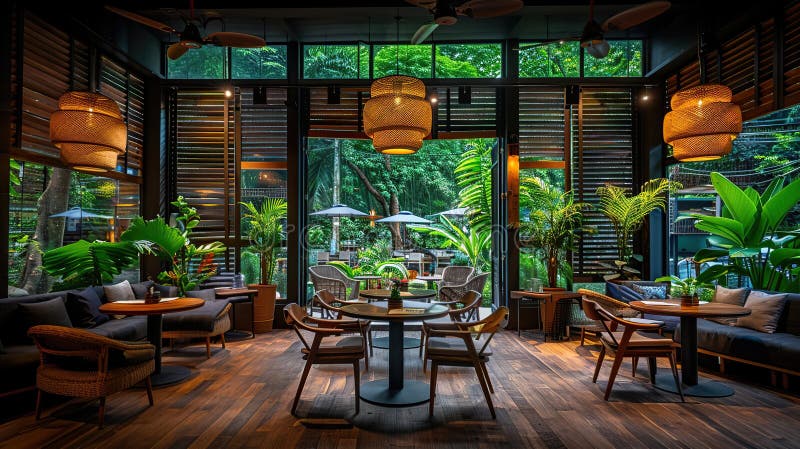 Tropical Restaurant Interior with Lush Greenery Stock Illustration ...
