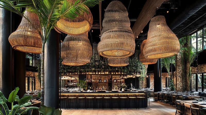 Tropical Restaurant Interior, Woven Lights, Bar, Plants Stock Photo ...
